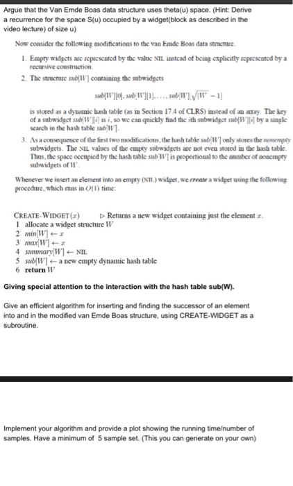 Argue that the Van Emde Boas data structure uses | Chegg.com