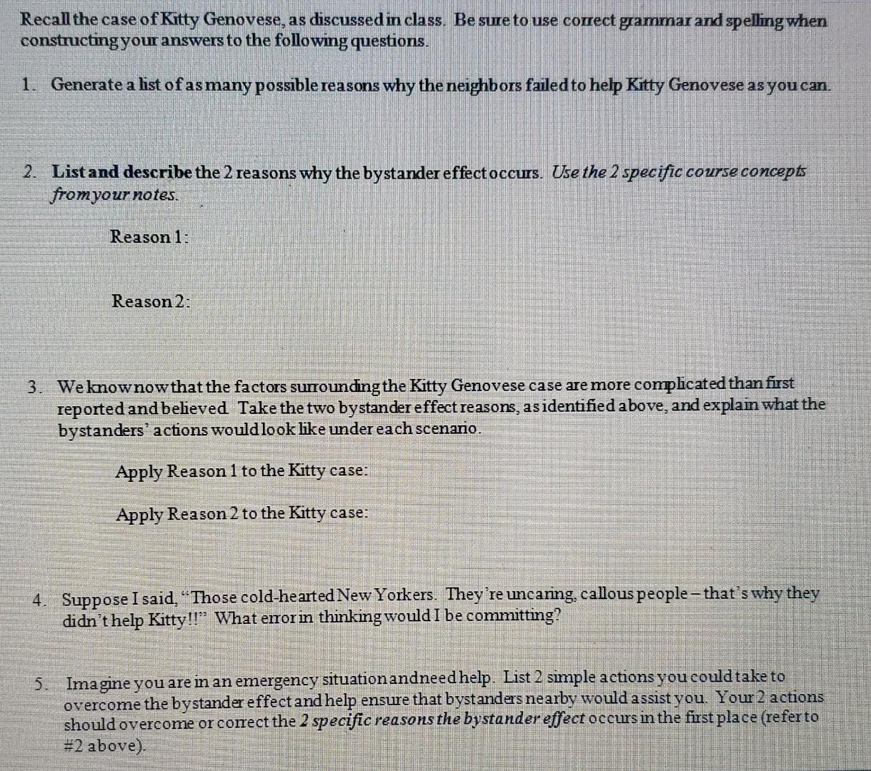 Solved Recall the case of Kitty Genovese, as discussed in | Chegg.com