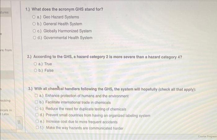 Solved Hures 1.) What does the acronym GHS stand for? O a) | Chegg.com
