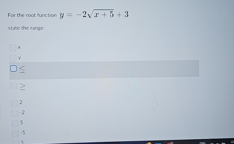 Solved For the root function y=-2x+52+3state the | Chegg.com