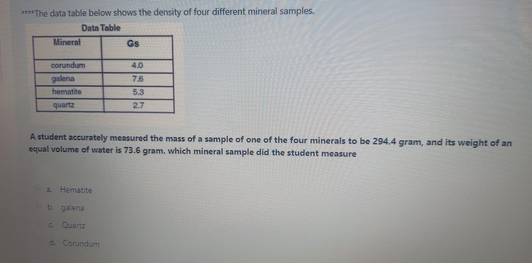 Solved ****The data table below shows the density of four | Chegg.com