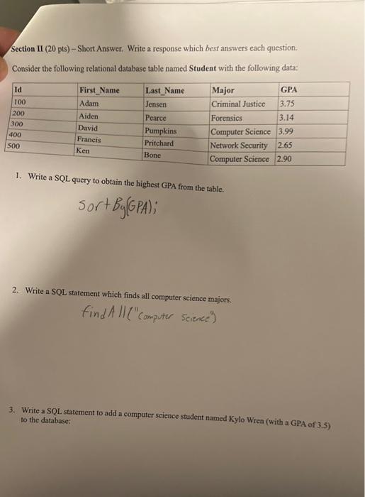 Solved Section II ( 20pt) - Short Answer. Write a response | Chegg.com