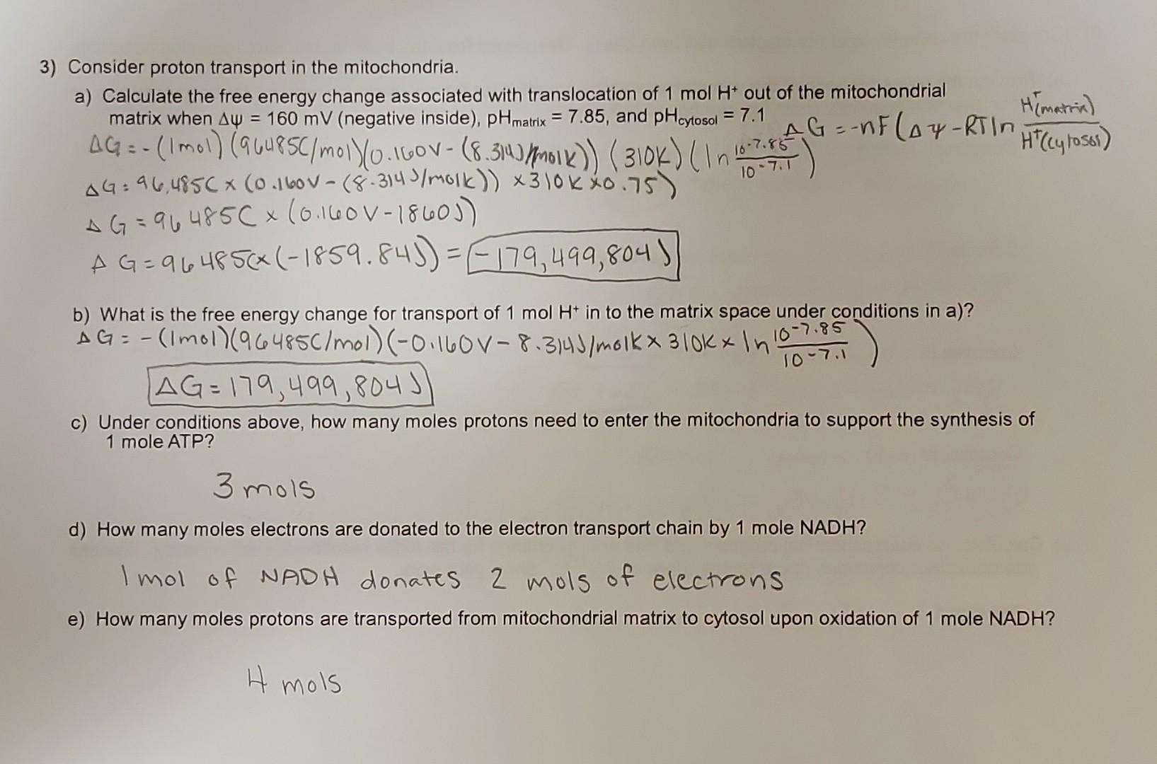 Solved 3) Consider proton transport in the mitochondria. a) | Chegg.com
