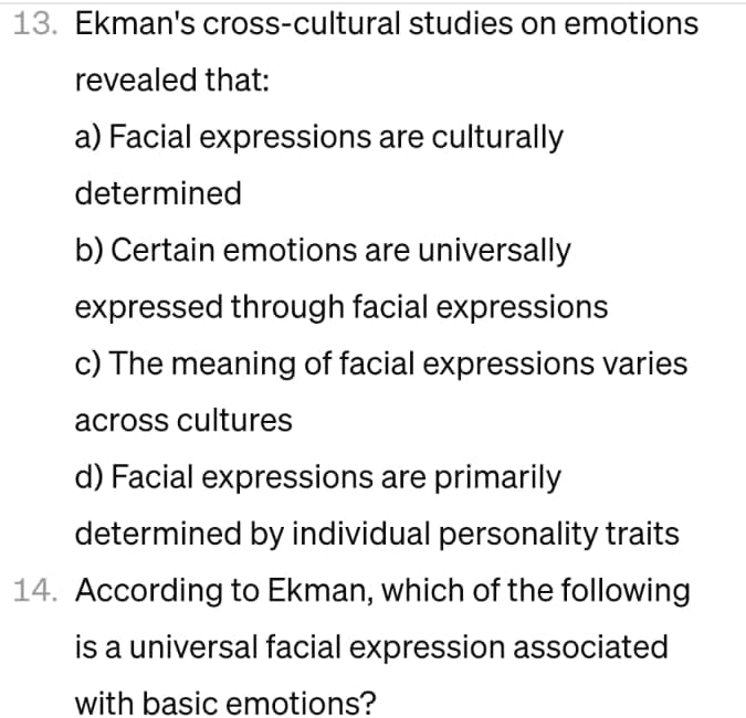 Solved Ekman's cross-cultural studies on emotions revealed | Chegg.com
