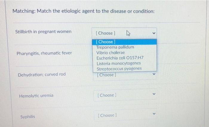 Solved Matching: Match the etiologic agent to the disease or | Chegg.com