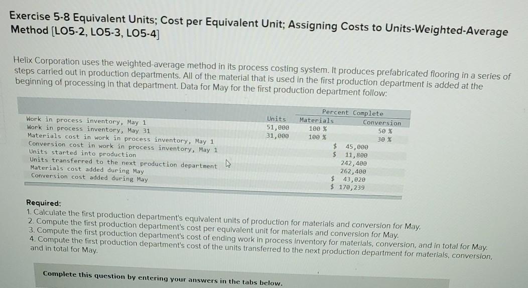 Solved Exercise 5-8 Equivalent Units; Cost per Equivalent | Chegg.com