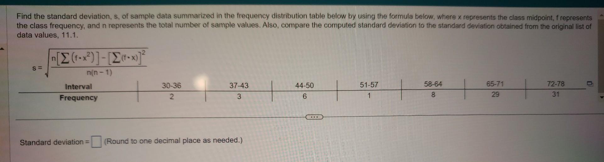 Solved Find the standard deviation, s, of sample data | Chegg.com