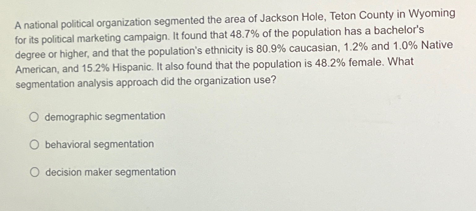 Solved A national political organization segmented the area | Chegg.com
