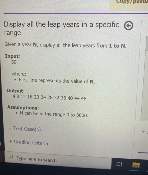Solved y/ paste Display all the leap years in a specific | Chegg.com