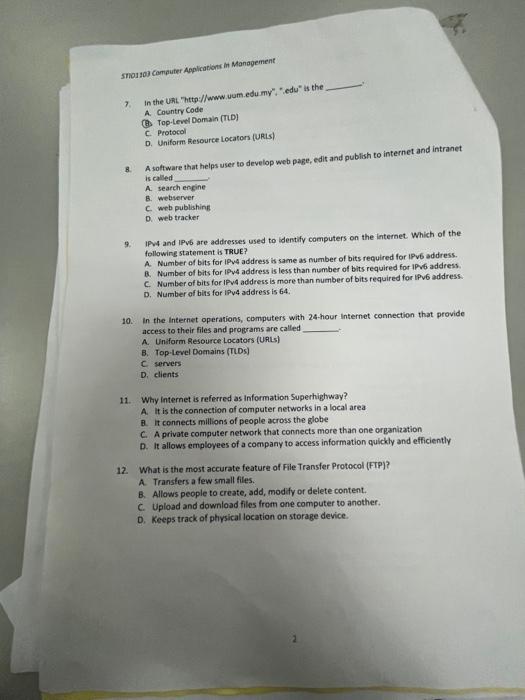 STID1103 Computer Applications In Management 7. 8. 9. | Chegg.com