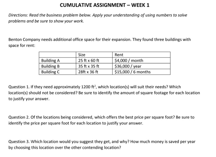 Solved CUMULATIVE ASSIGNMENT - WEEK 1 Directions: Read the | Chegg.com