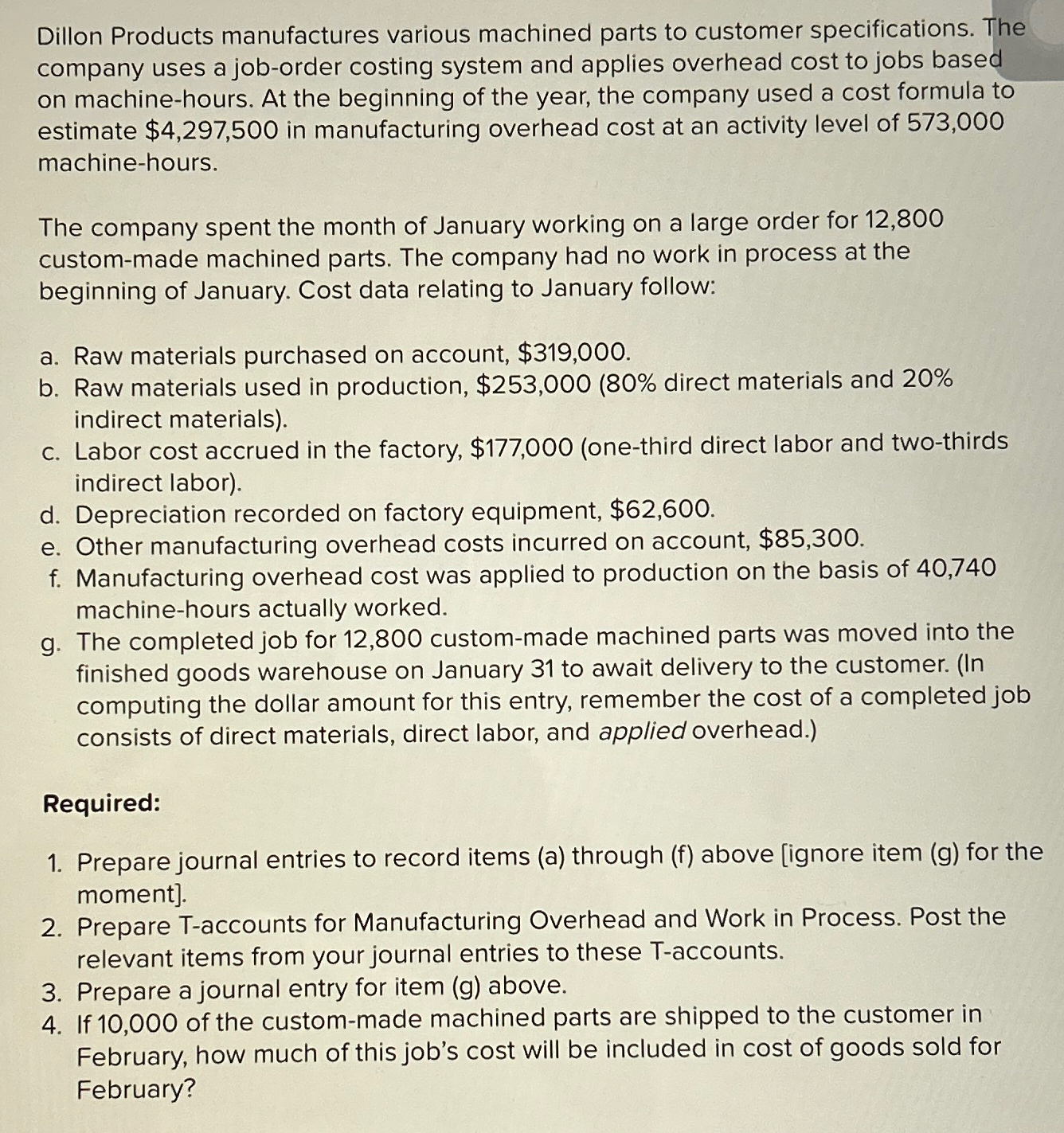 Solved Dillon Products manufactures various machined parts | Chegg.com