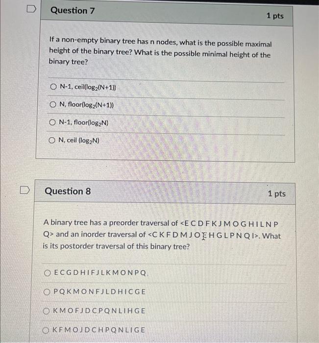 Solved If A Non Empty Binary Tree Has N Nodes What Is The
