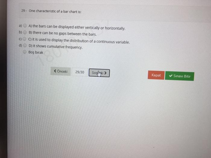 Solved 29 One Characteristic Of A Bar Chart Is A A The Chegg