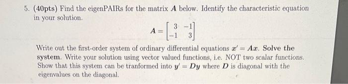 Solved (40pts) Find the eigenPAIRs for the matrix A below. | Chegg.com