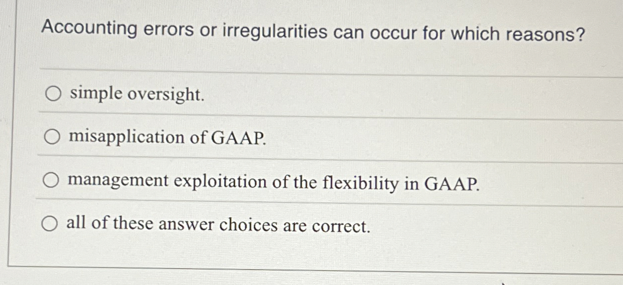 Solved Accounting errors or irregularities can occur for | Chegg.com
