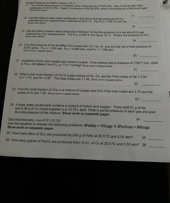 Solved Partial Pressure and Mole Fraction (107) 17. The | Chegg.com