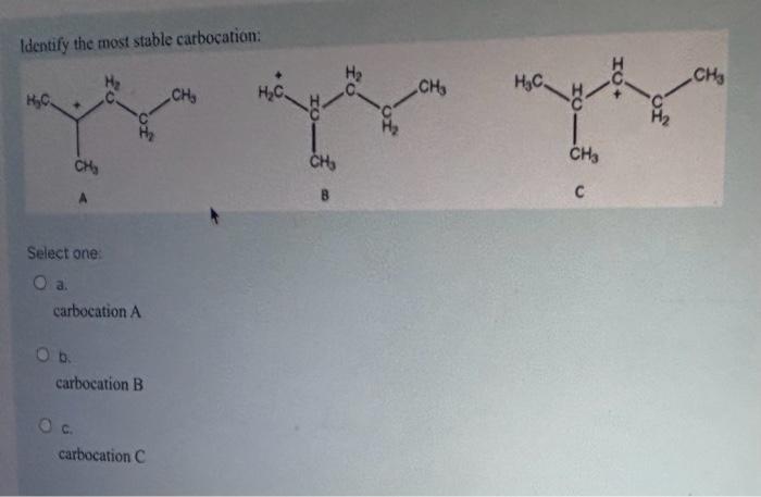 Solved Identify the most stable carbocation: Select one: a. | Chegg.com