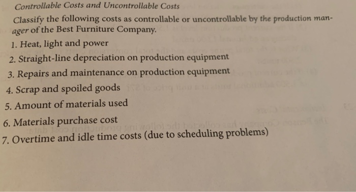 Solved Controllable Costs and Uncontrollable Costs Classify | Chegg.com