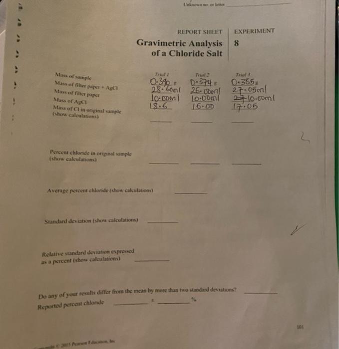 Solved REPORT SHEET EXPERIMENT 8 Gravimetric Analysis of a | Chegg.com