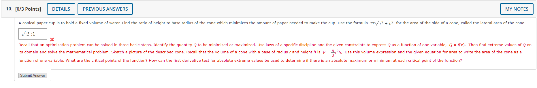 Solved [0/3 ﻿Points]22:1A conical paper cup is to hold a | Chegg.com