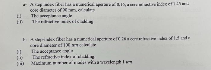 Solved a- A step index fiber has a numerical aperture of | Chegg.com
