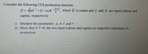 Solved Consider The Following Ces Production Function
