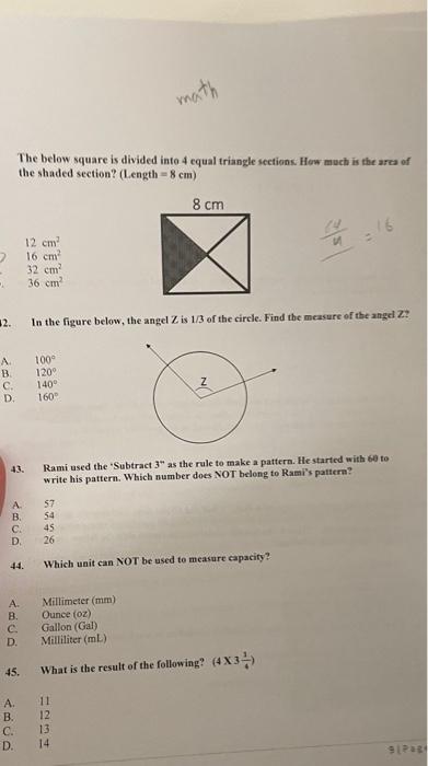 Solved The below square is divided into 4 equal triangle | Chegg.com