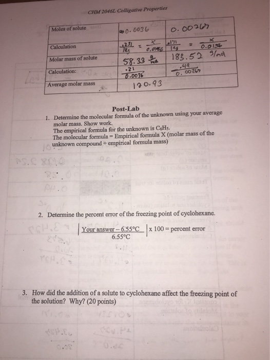 CHM 2046L Colligative Properties Moles of solute | Chegg.com