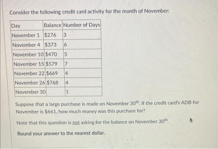 Solved Consider the following credit card activity for the | Chegg.com