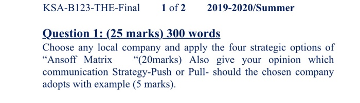 Solved KSA-B123-THE-Final 1 of 2 2019-2020/Summer Question | Chegg.com