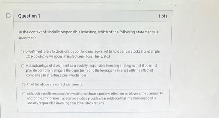Solved In the context of socially responsible investing, | Chegg.com