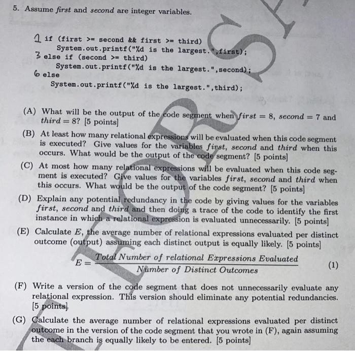 Solved 5. Assume first and second are integer variables. I | Chegg.com