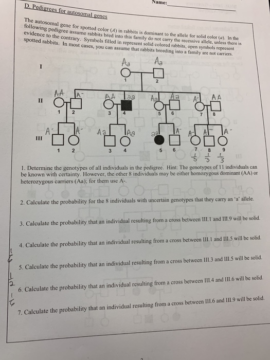 Solved Name: D. Pedigrees for autosomal genes The autosomal | Chegg.com