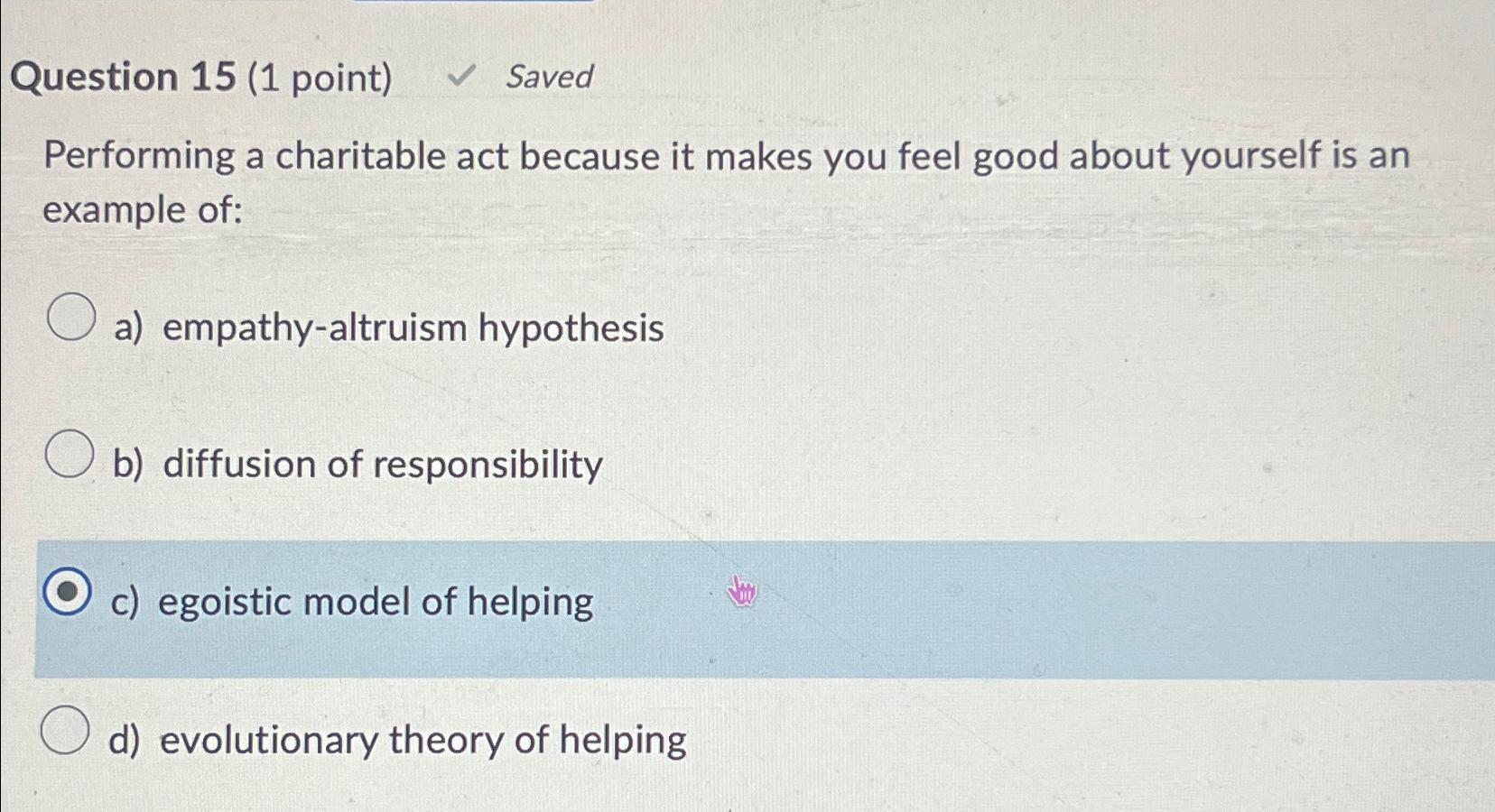 Solved Question 15 (1 ﻿point) ﻿SavedPerforming a charitable | Chegg.com