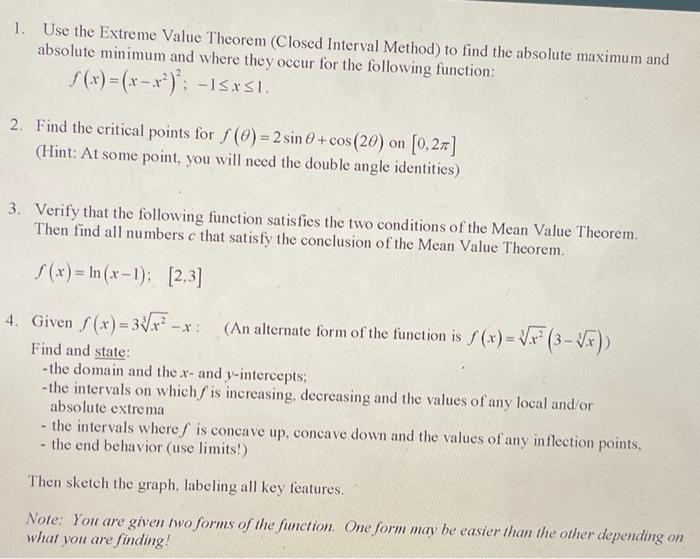 Solved 1. Use the Extreme Value Theorem (Closed Interval | Chegg.com