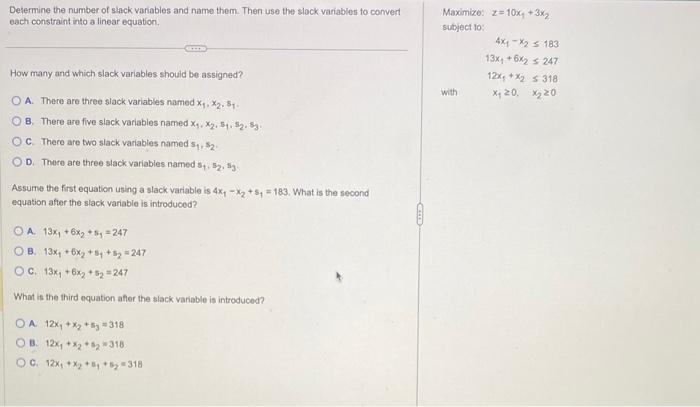 Solved Determine the number of slack variables and name | Chegg.com