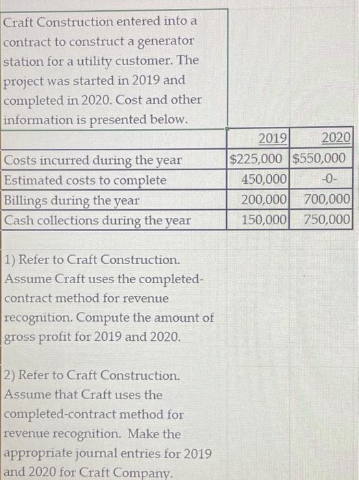 Solved 1) Refer to Craft Construction. Assume Craft uses the | Chegg.com