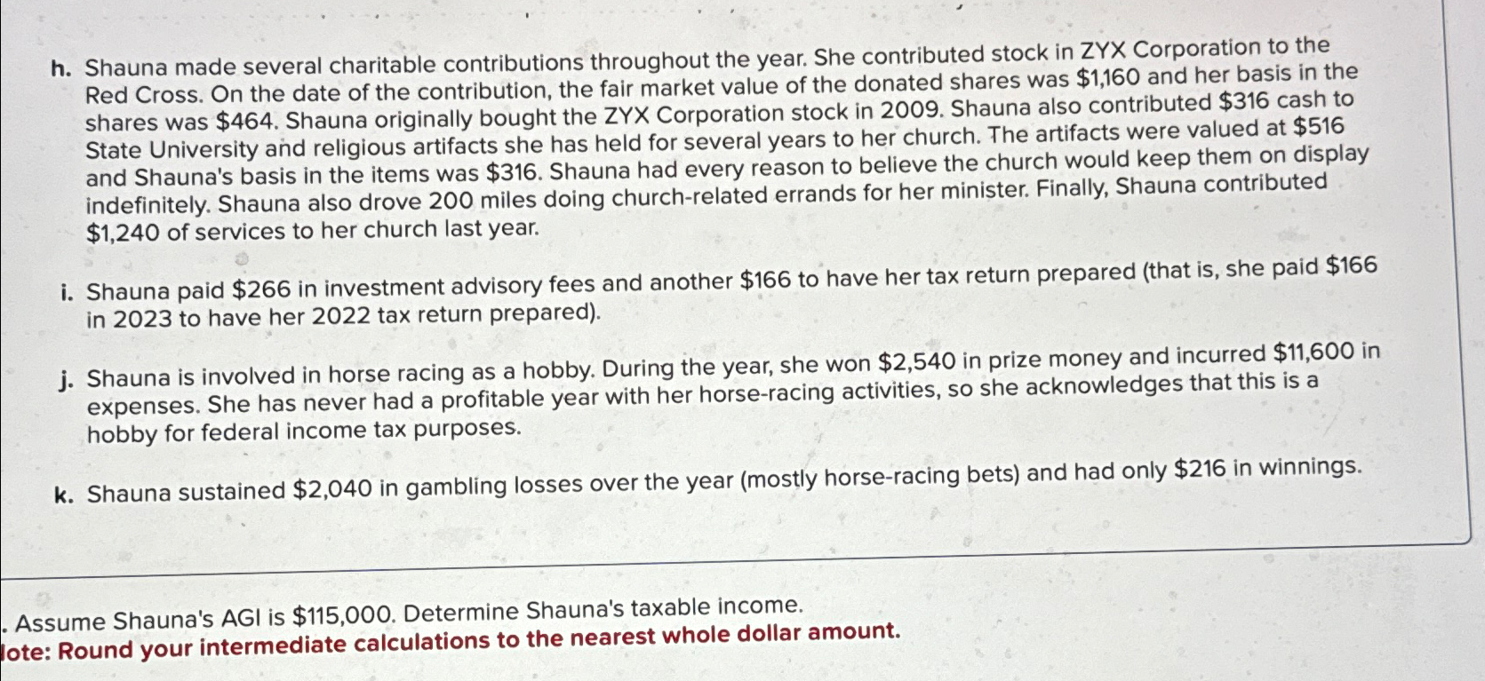 h. ﻿Shauna made several charitable contributions | Chegg.com