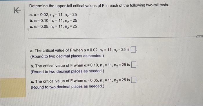 Solved Determine the upper-tail critical values of F in each | Chegg.com