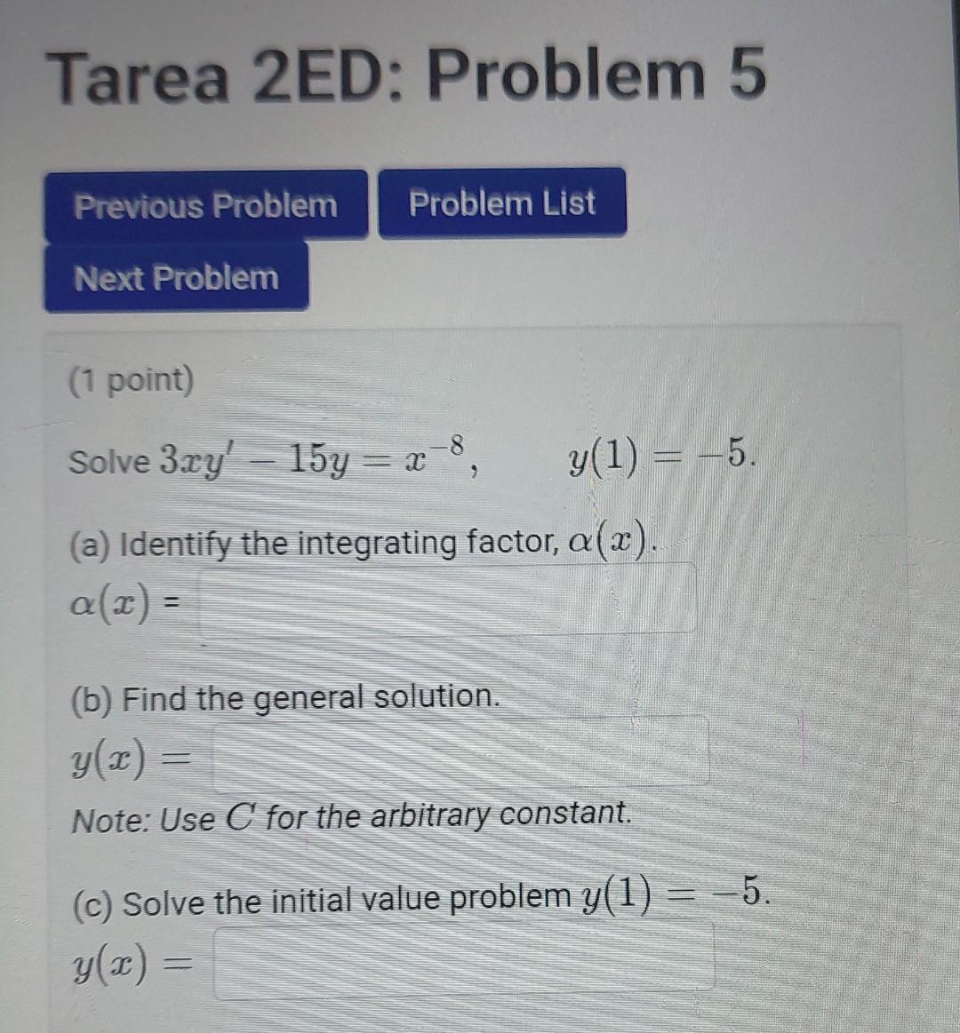 Solved Tarea 2ED: Problem 5 (1 point) Solve | Chegg.com