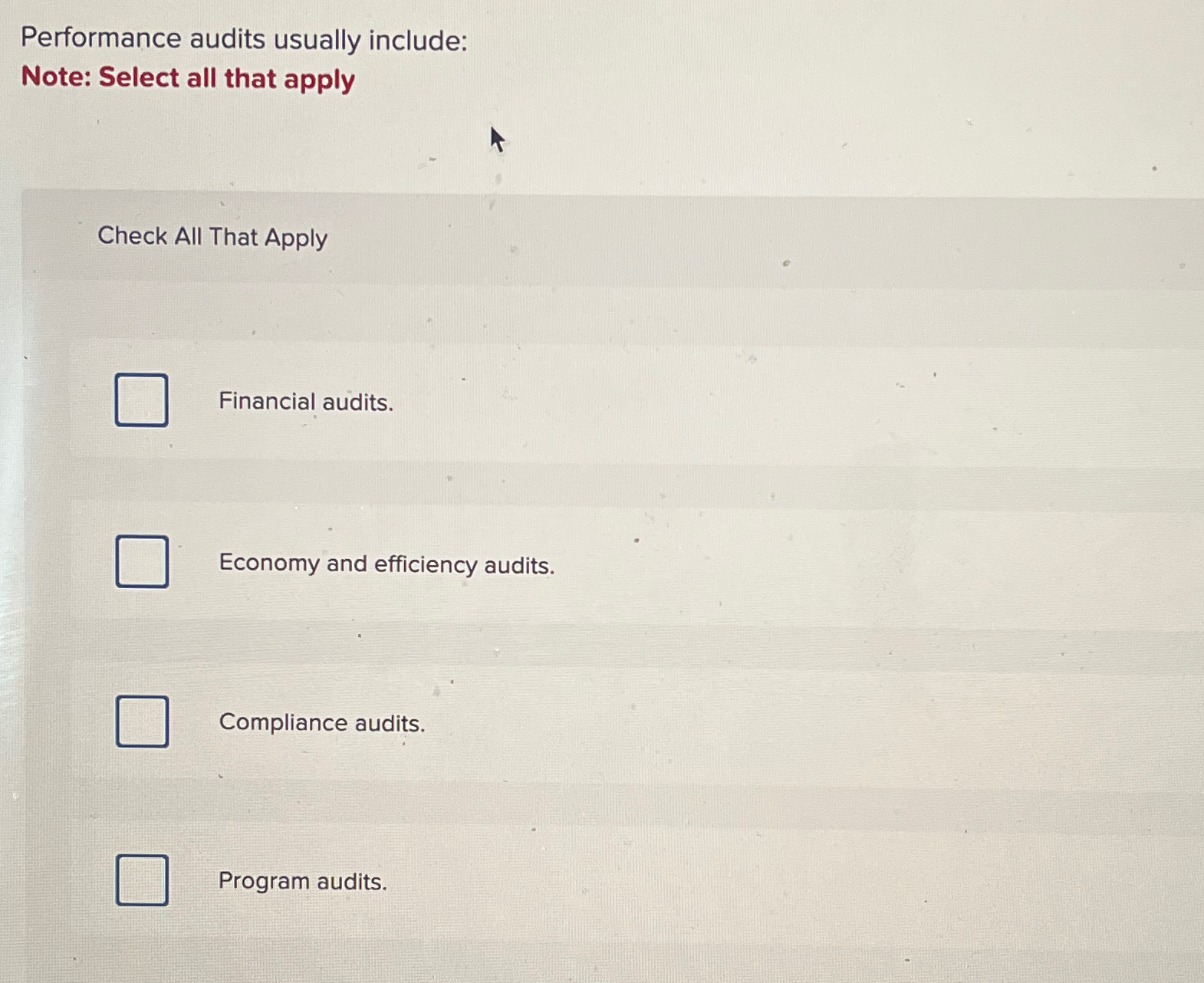 Solved Performance audits usually include:Note: Select all | Chegg.com