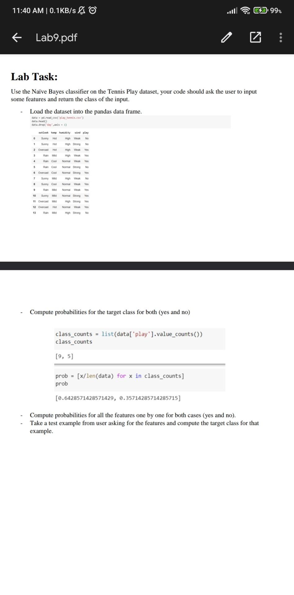 Use the Naïve Bayes classifier on the Tennis Play | Chegg.com