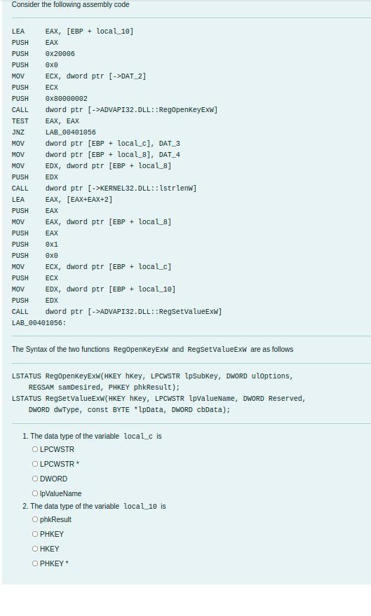 Solved Consider the following assembly code LEA EAX, [EBP+ | Chegg.com