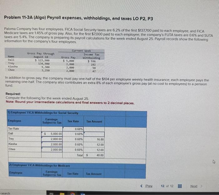 Solved Problem 11-3A (Algo) Payroll expenses, withholdings, | Chegg.com