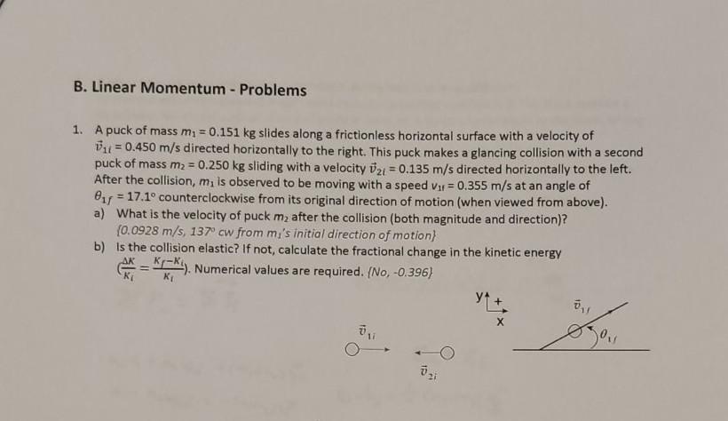 Solved B. Linear Momentum - Problems 1. A puck of mass m = | Chegg.com