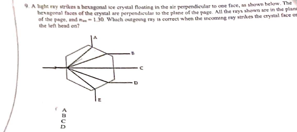 Solved 9. A heht ray strikes a hexagonal ice crystal | Chegg.com