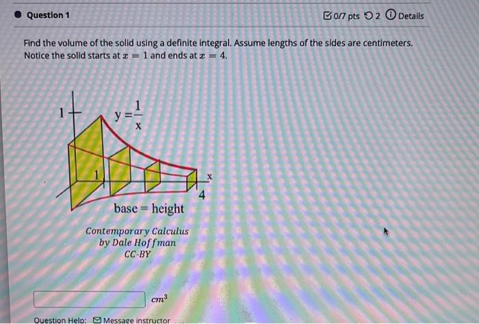Solved Find the volume of the solid using a definite | Chegg.com