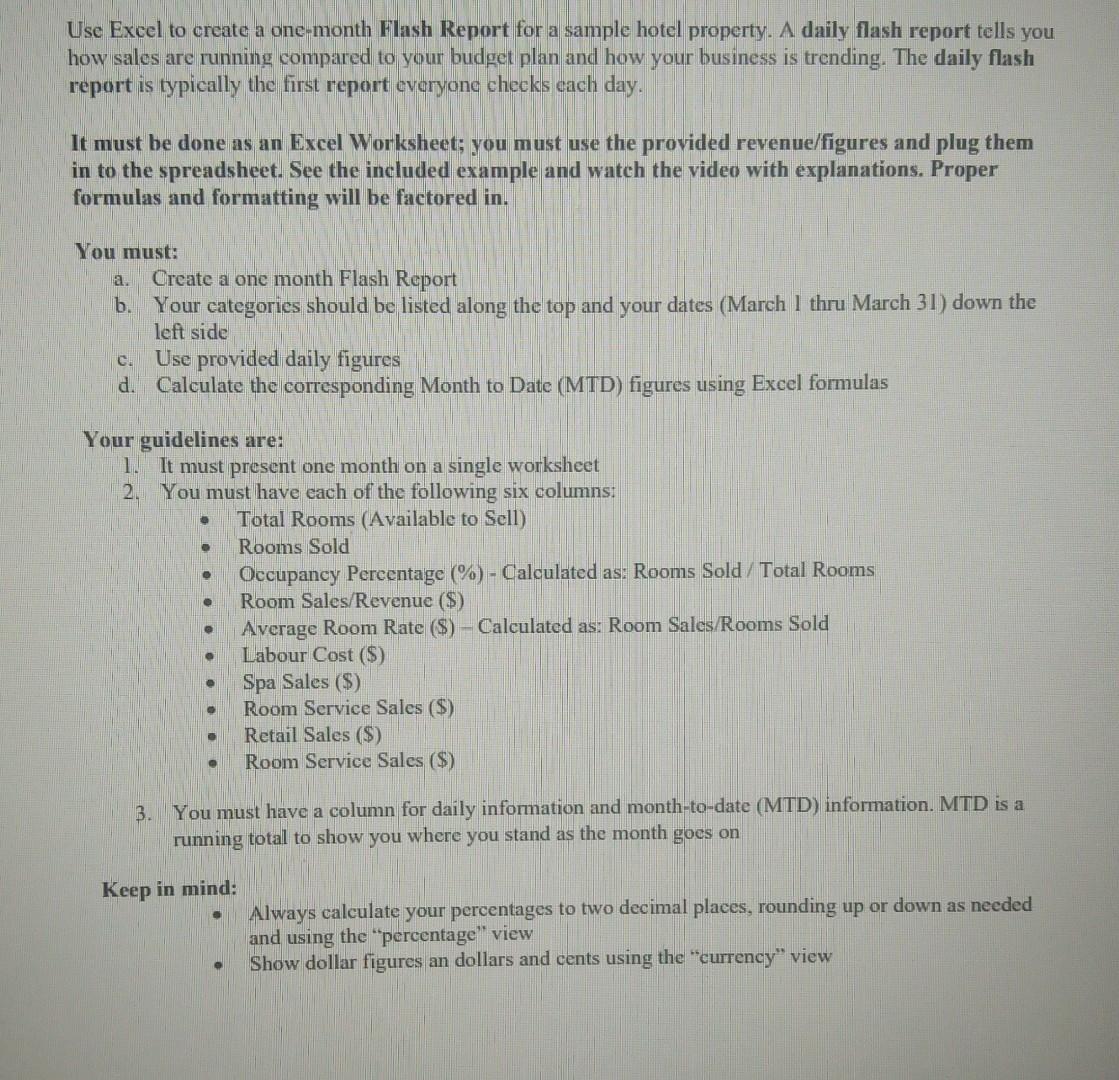 Solved Use Excel to create a one-month Flash Report for a | Chegg.com