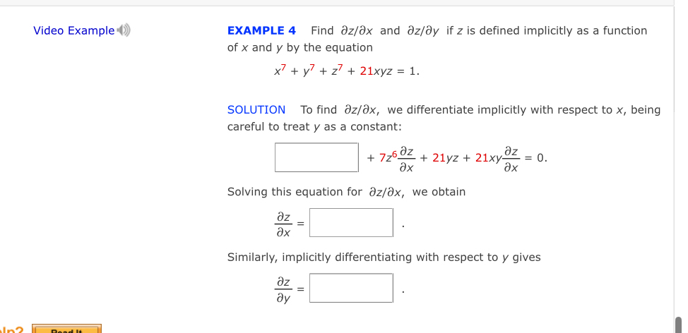 Solved Video ExampleEXAMPLE 4 ﻿Find delzdelx and delzdely if | Chegg.com